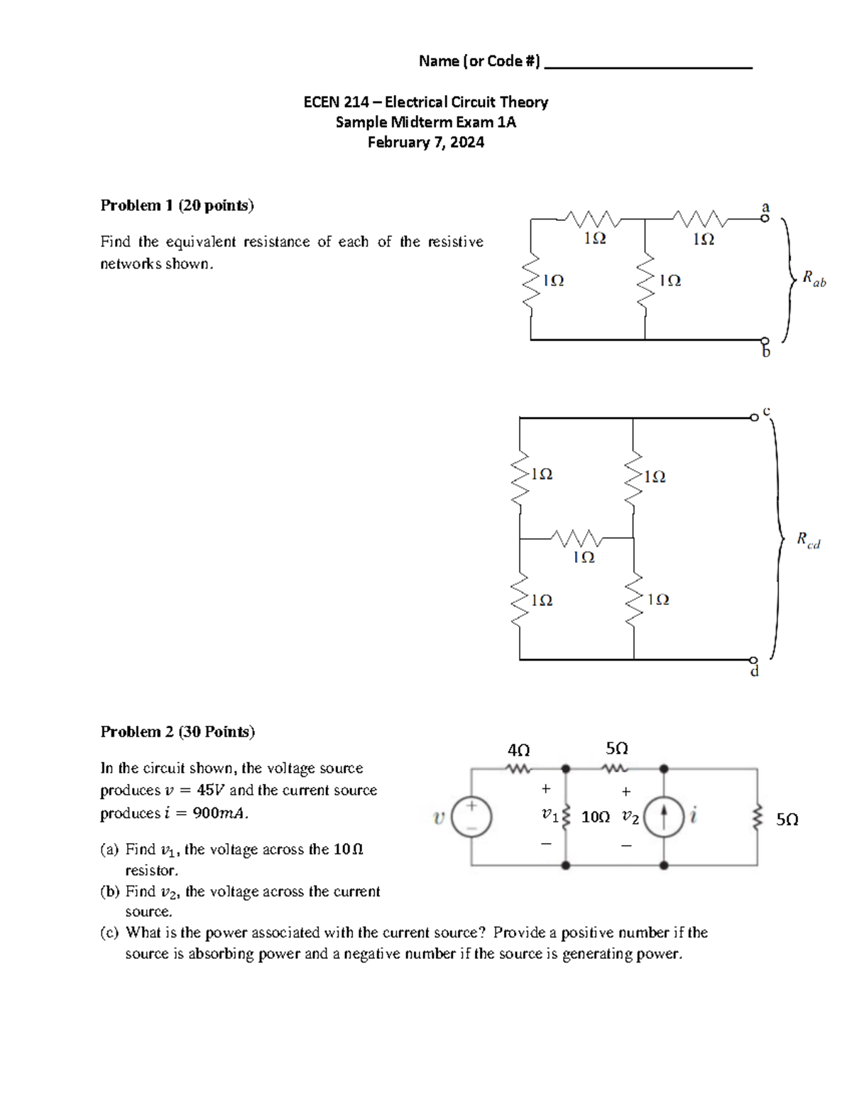 Sample Exam 1A - Name (or Code #) _________________________ ECEN 214 ...