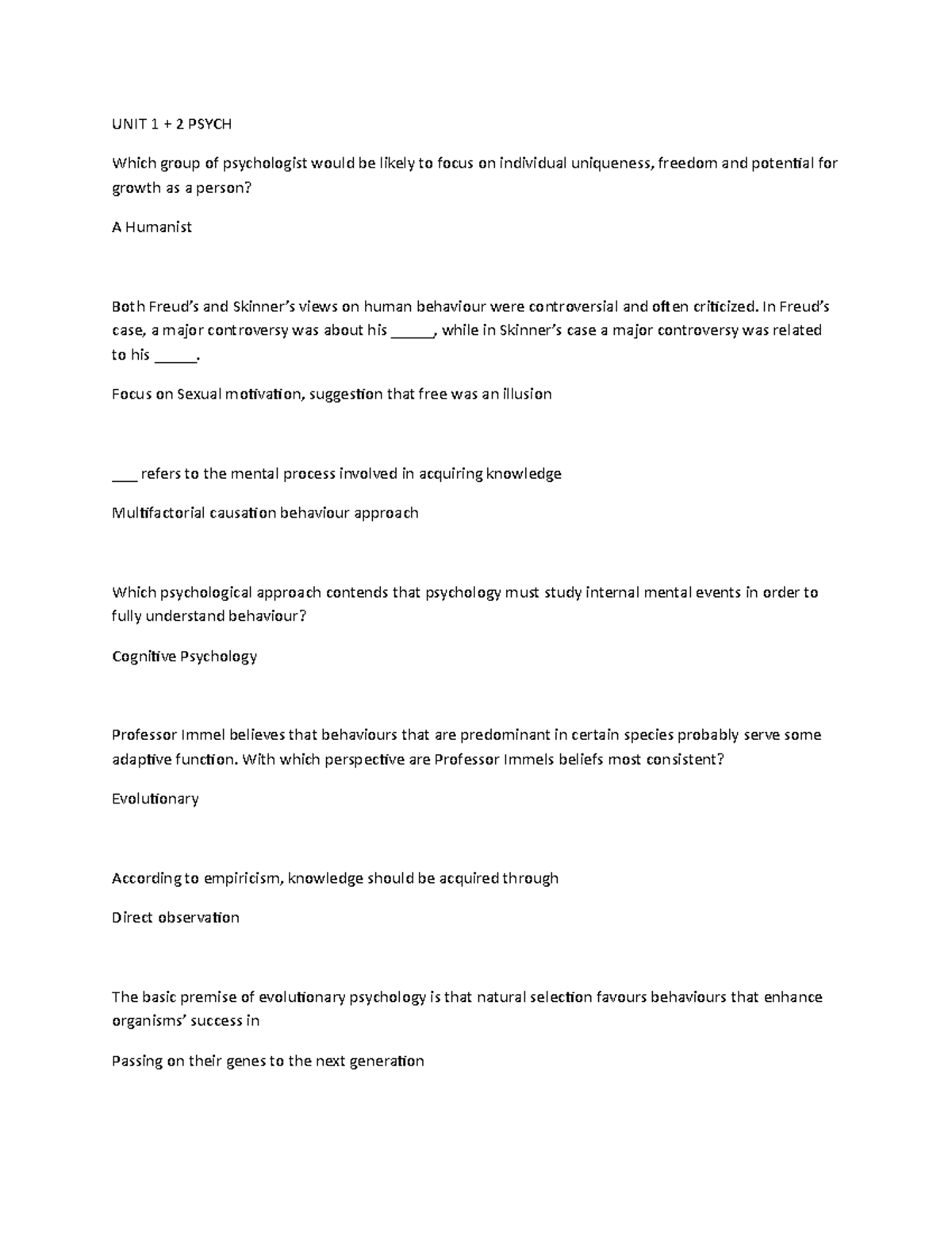 Unit 1+ 2 quiz questions and answers - UNIT 1 + 2 PSYCHWhich group of ...