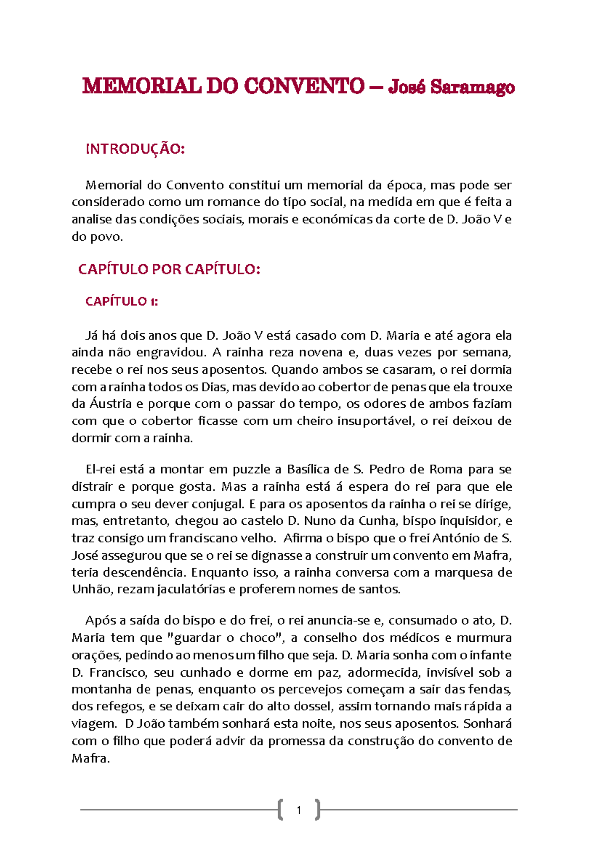 Memorial DO Convento - Capitulo POR Capitulo - INTRODUÇÃO: Memorial do ...