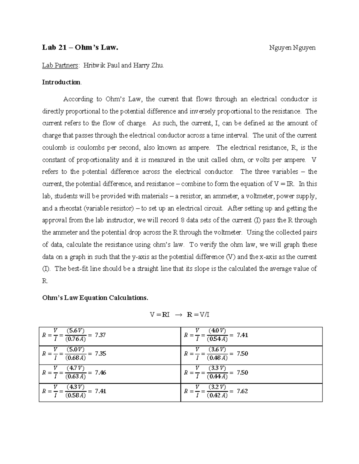 Lab 21 - Ohm's Law - This is the Lab report for the class. - Lab 21 ...