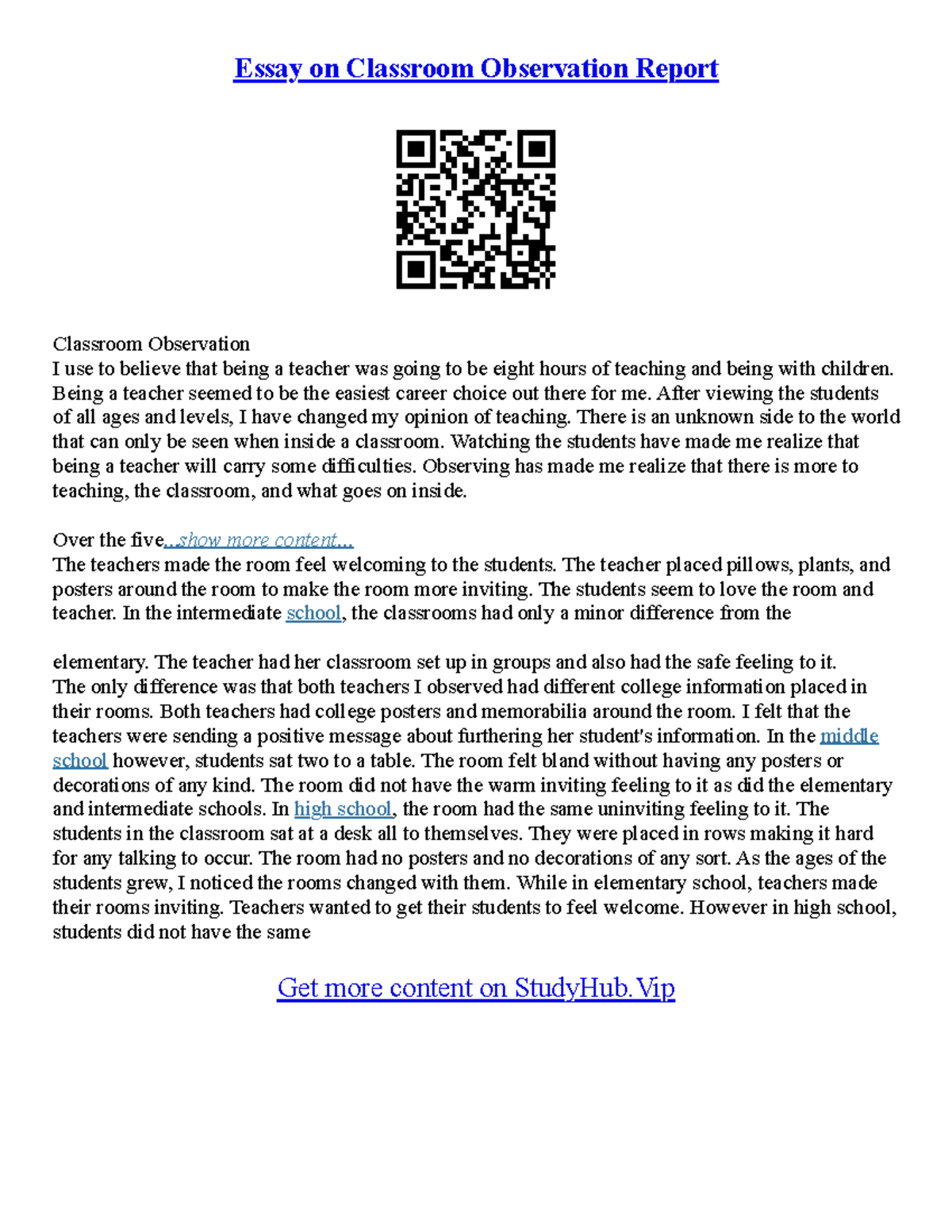 Sample Essay For Elementary Students - Essay on Classroom Observation ...