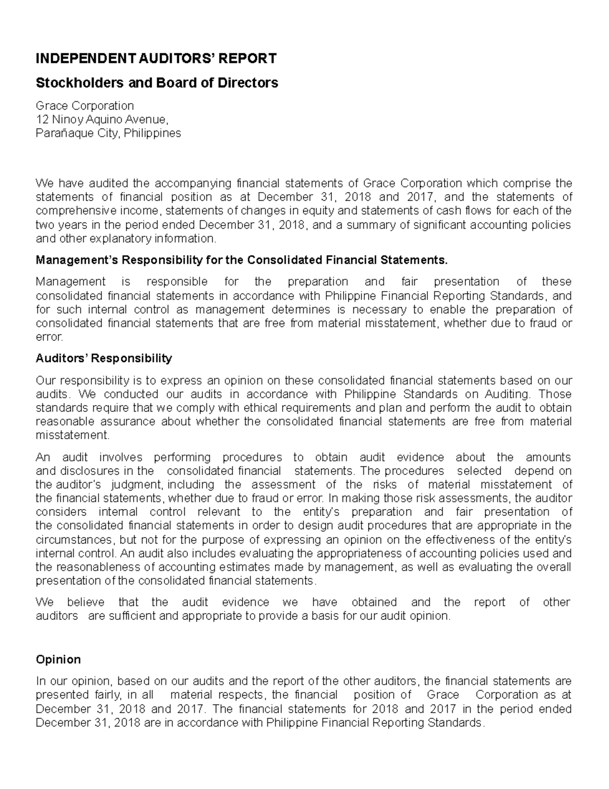 Independent Auditors - Grace Corp - INDEPENDENT AUDITORS’ REPORT ...