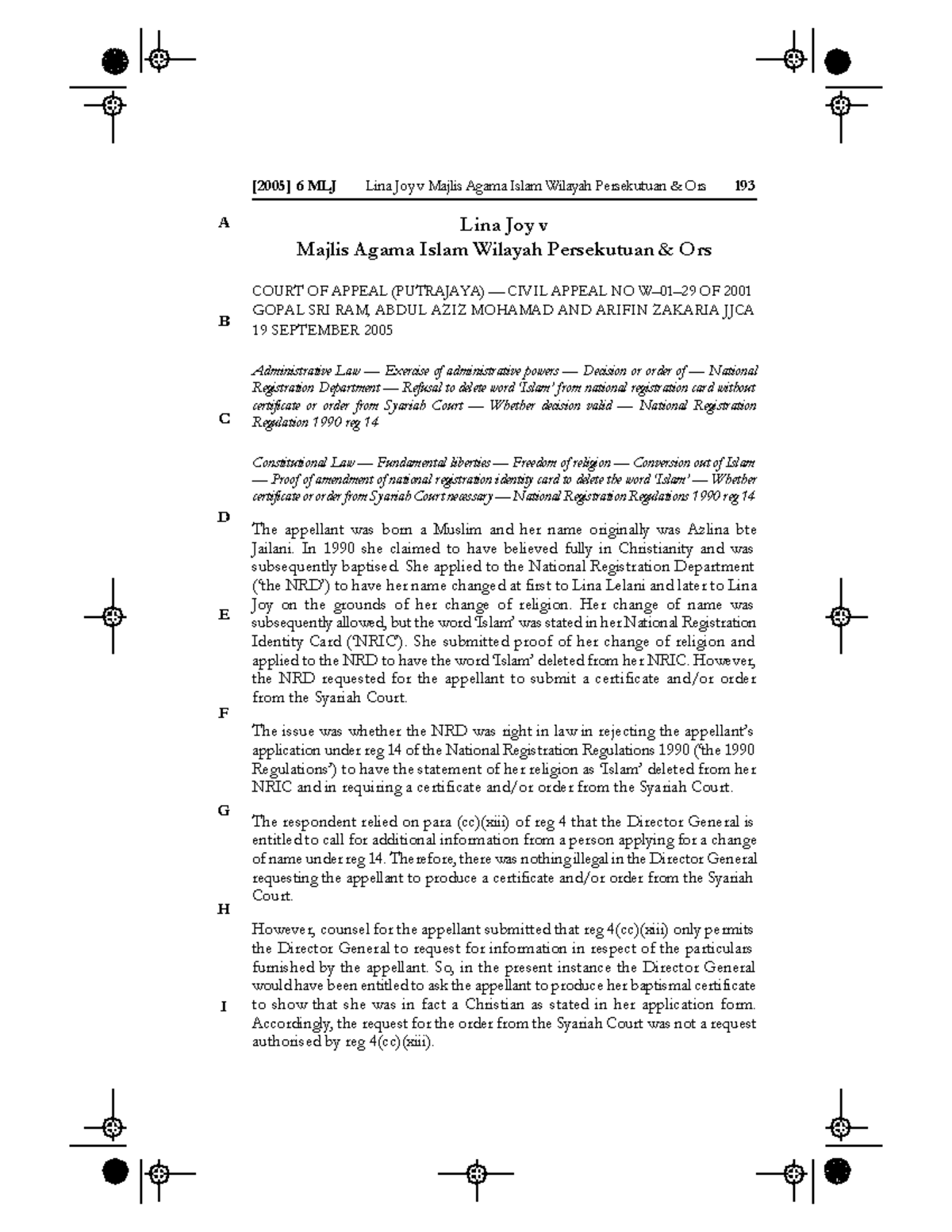 Lina Joy V Majlis Agama Islam Wilayah Persekutuan And Ors 2005 6 Mlj 2920