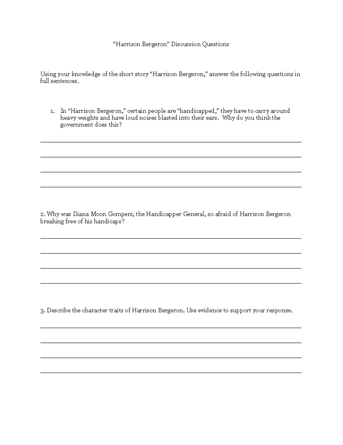 Harrison Bergeron Reading Guide - “Harrison Bergeron” Discussion ...