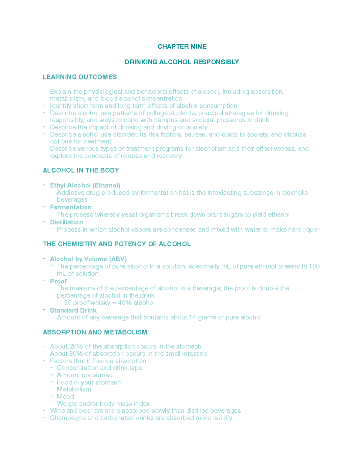 Hth 9 p - Notes for Laura Blosser - CHAPTER NINE DRINKING ALCOHOL ...