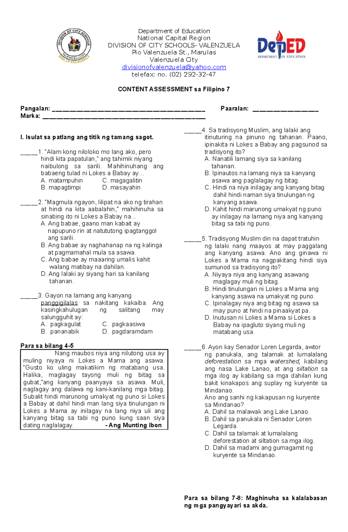 Content-Assessment-Fil-G7 2022-2023 Final - Department of Education ...