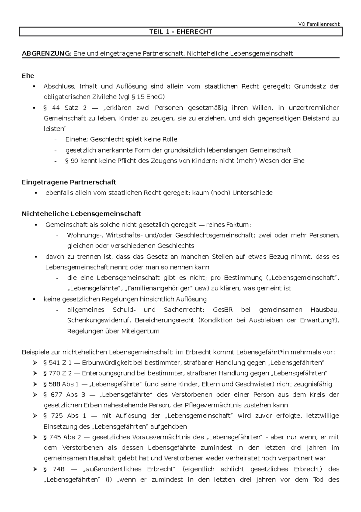 Familienrecht Folien als Word - TEIL 1 - EHERECHT ABGRENZUNG: Ehe und ...