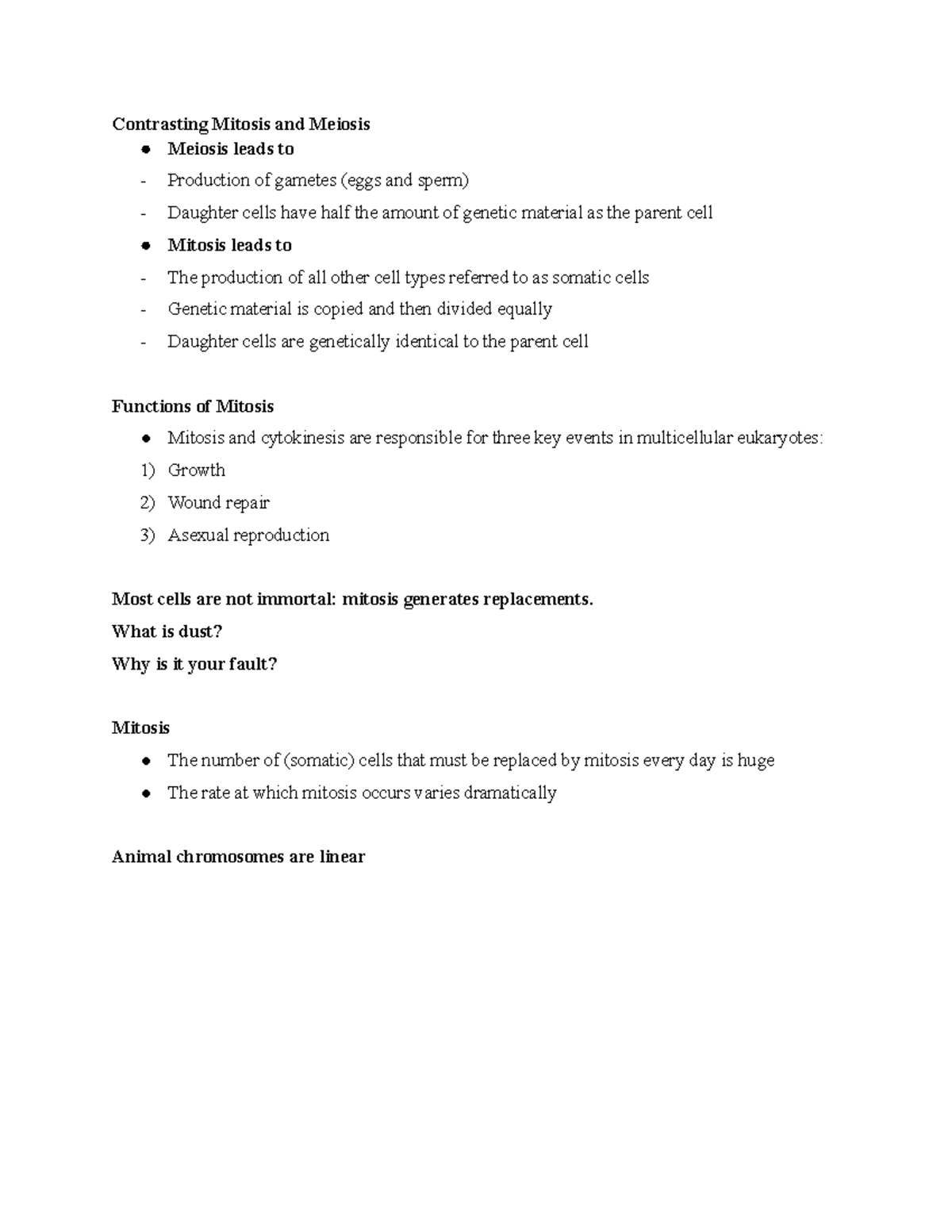 BIO 101 Chromosomes and Cell Division - Contrasting Mitosis and Meiosis ...