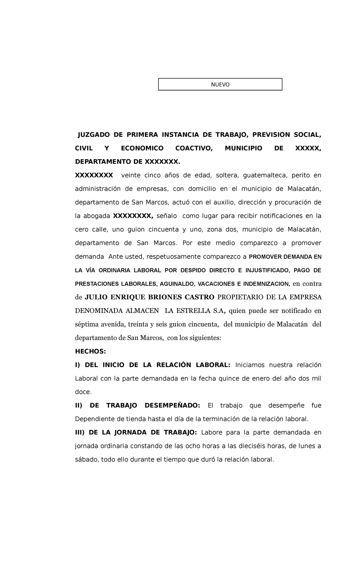 Laboral. despido Directo e injustificado - JUZGADO DE PRIMERA INSTANCIA ...