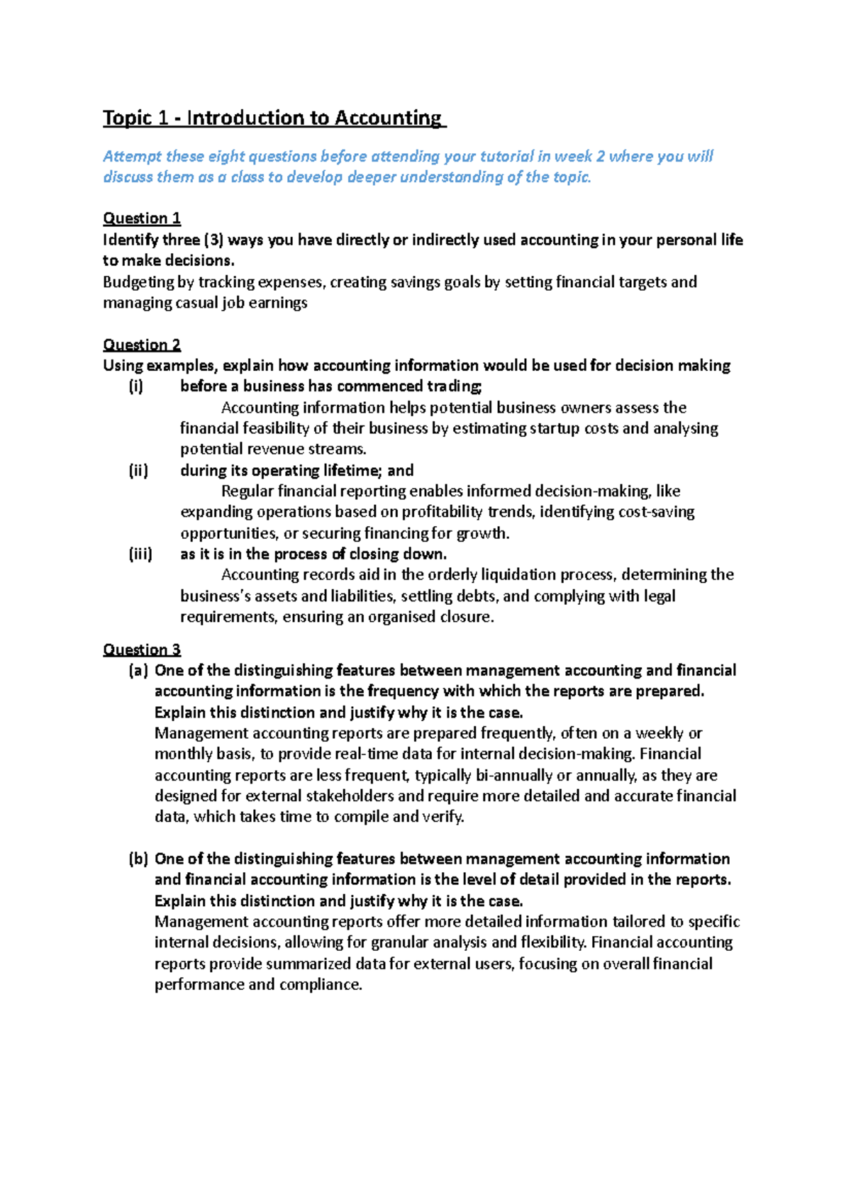Topic 1 Tutorial Exercises (week 2) - Topic 1 - Introduction to Accounting Attempt these eight ...