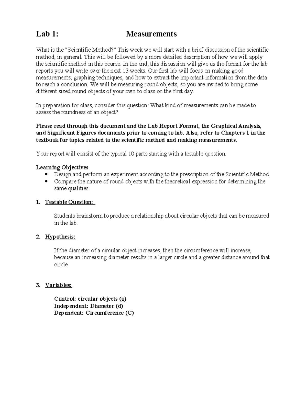 Lab 1 - lab 1 - Lab 1: Measurements What is the “Scientific Method ...