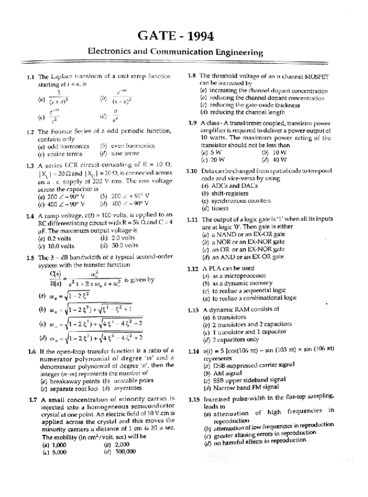 Gate ece solved paper 19941 - Electronics & Communication Engineering - Studocu