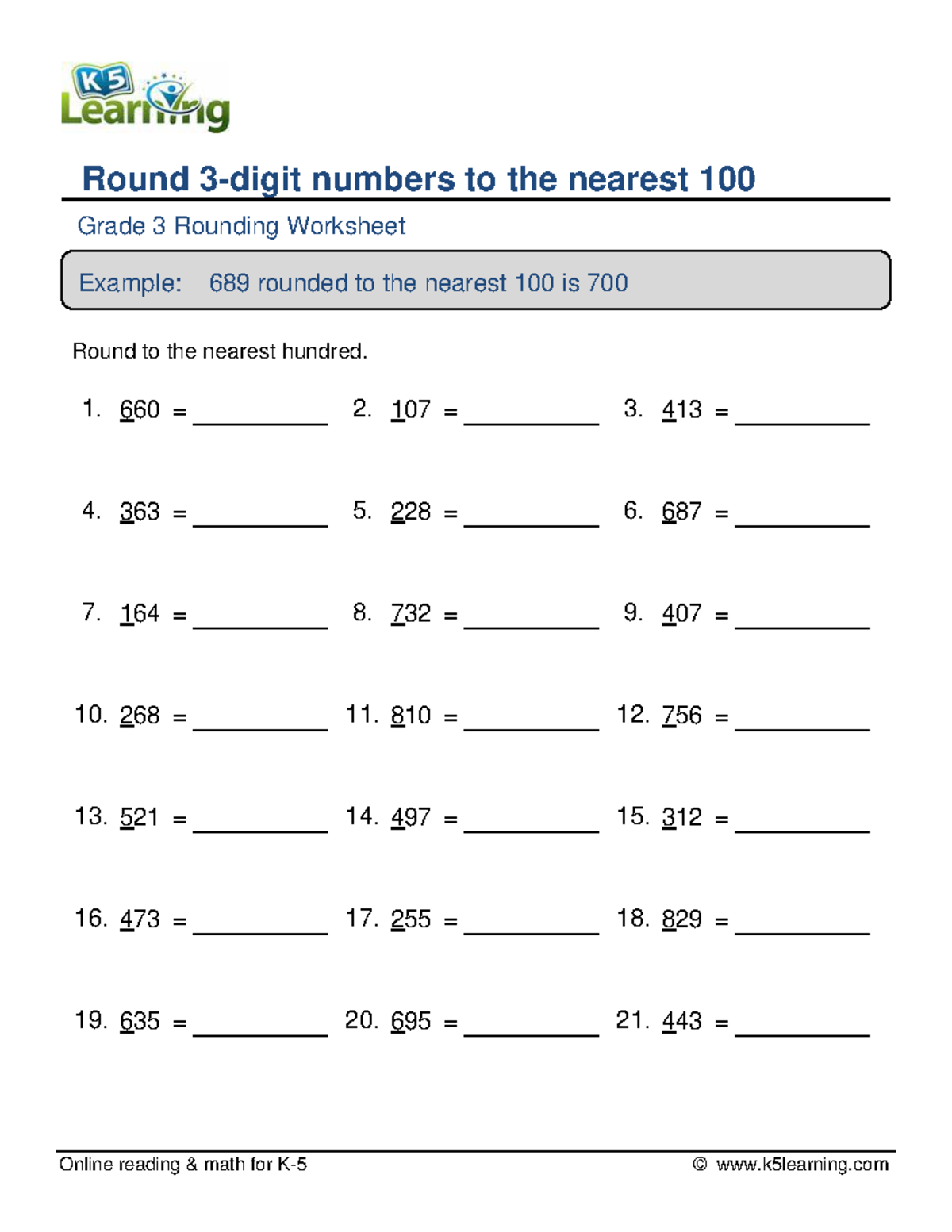 Grade 3 round 3 digit numbers nearest 100 a - Online reading & math for ...