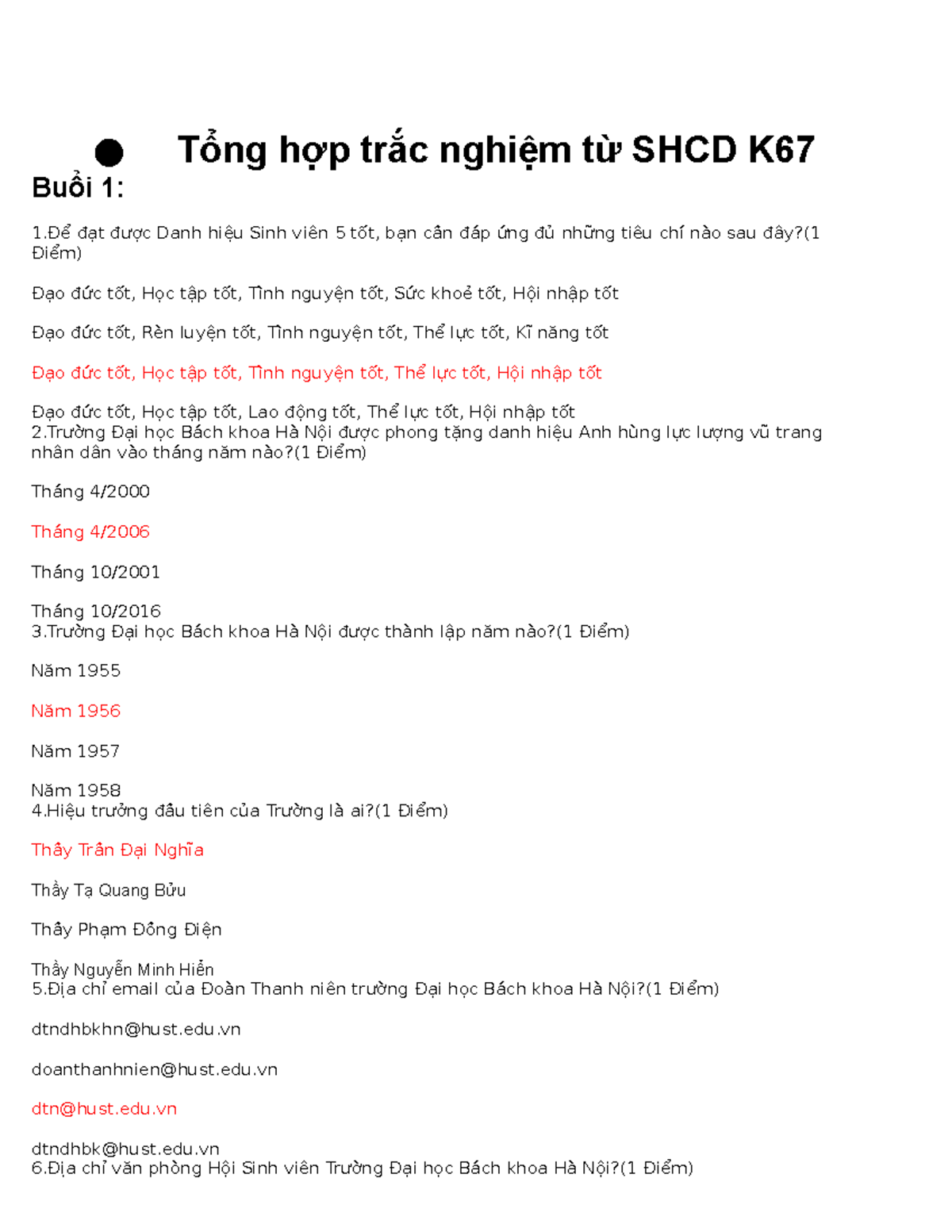 Tổng hợp trắc nghiệm quy chế - Tổng hợp trắc nghiệm từ SHCD K Buổi 1: 1.Để đạt được Danh hiệu ...