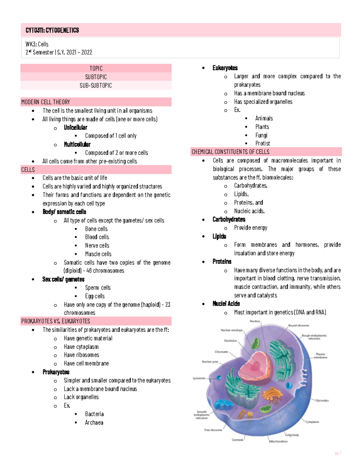 WK3 - Cells - Review of the part of the cell - pg. 1 TOPIC SUBTOPIC SUB ...