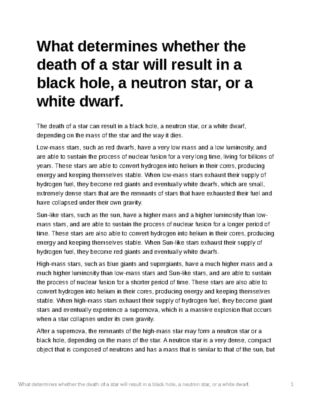 What determines whether the death of a star will result in a black hole ...