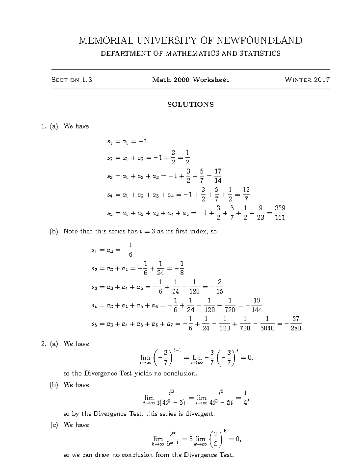 Solutions worksheet 1-3 - MEMORIAL UNIVERSITY OF NEWFOUNDLAND ...