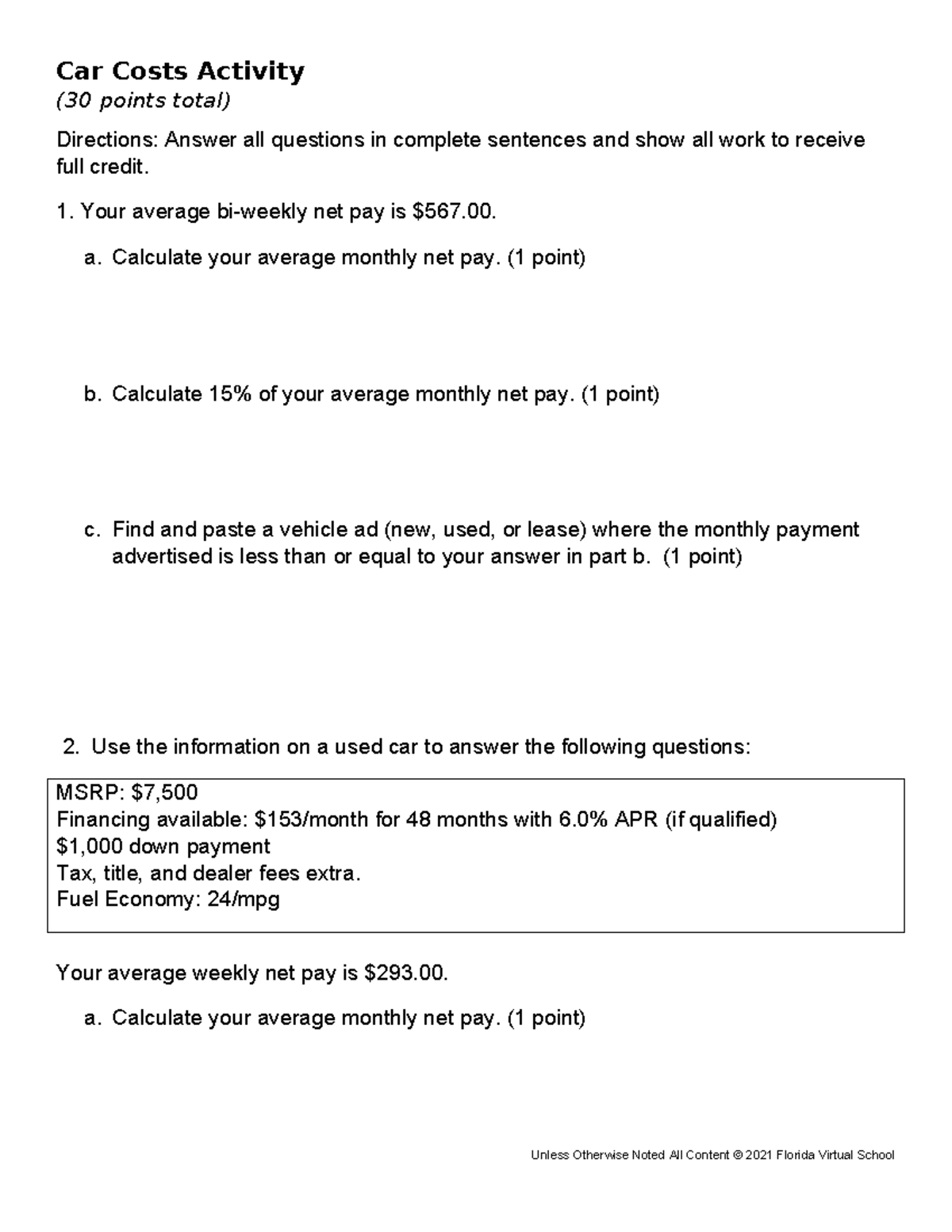 01 04 activity - Car Costs Activity (30 points total) Directions ...