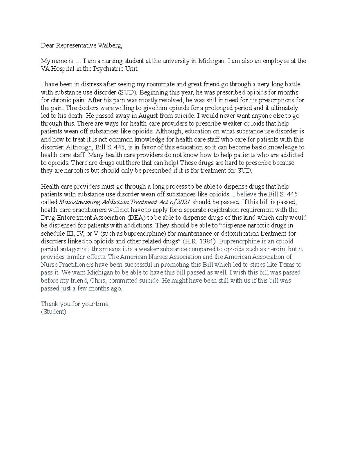 Letter to legislature nurs375 done letter - Dear Representative Walberg ...