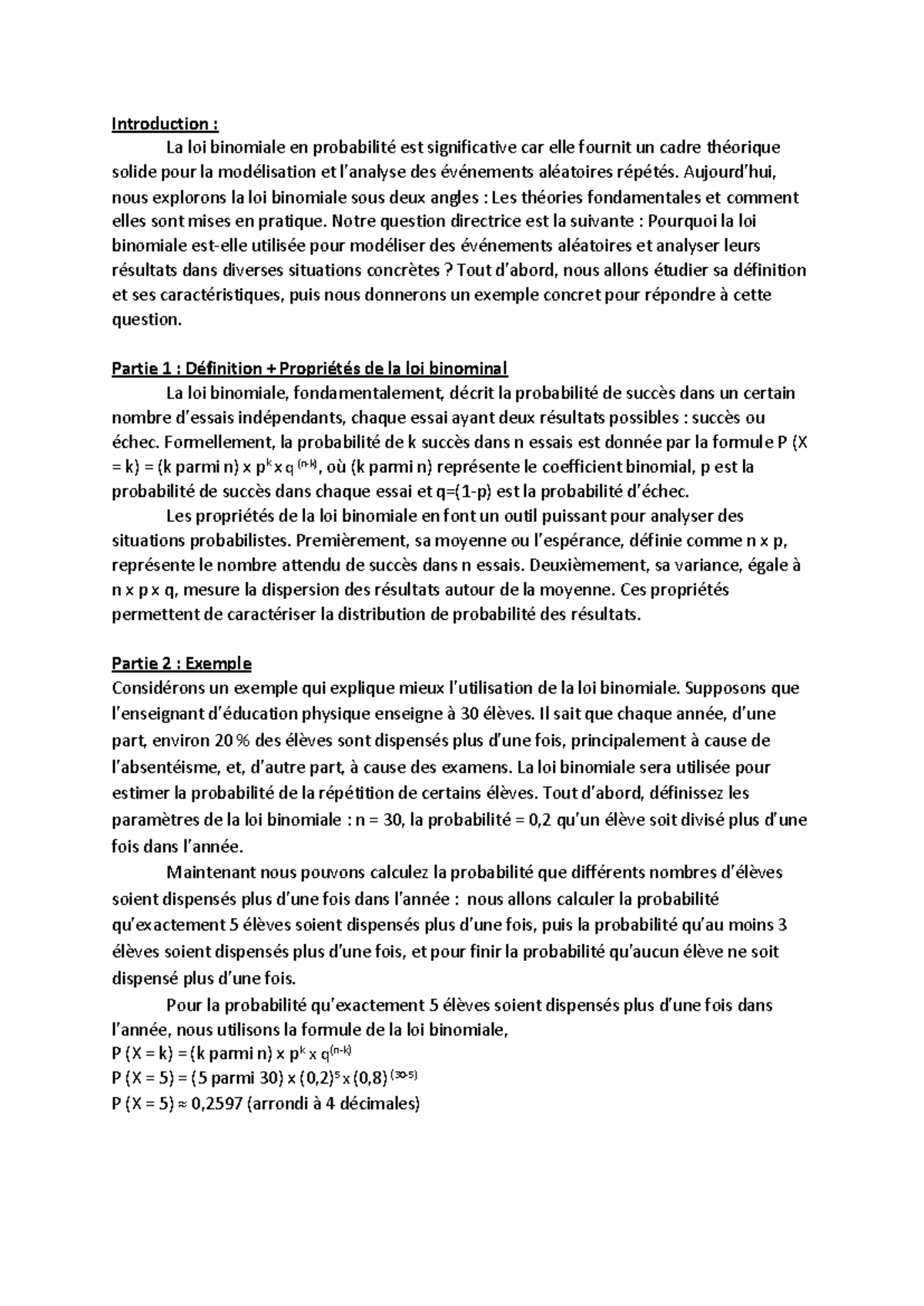 Grand oral maths - Introduction : La loi binomiale en probabilité est ...