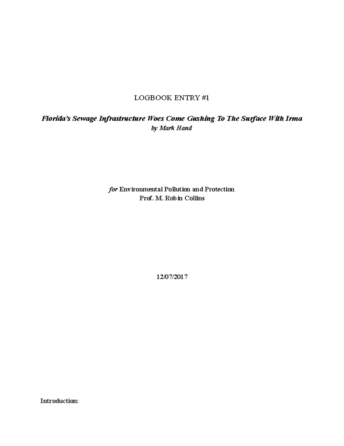 LG1 - The first logbook assignment - LOGBOOK ENTRY Florida’s Sewage ...