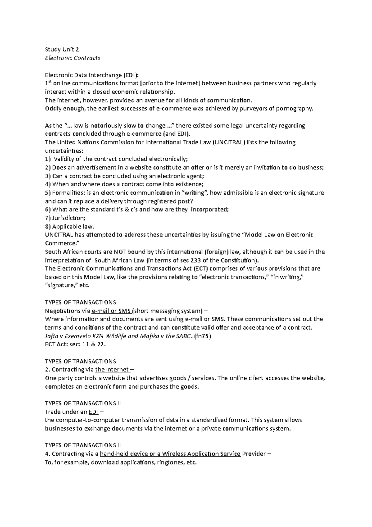 Ecommerce law 2 - 3rd year communications law notes. - Study Unit 2 ...