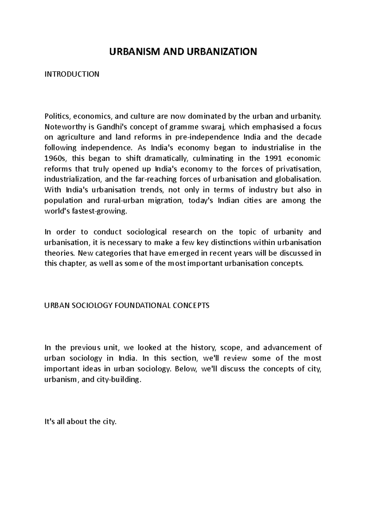 Urbanism AND Urbanization - URBANISM AND URBANIZATION INTRODUCTION ...