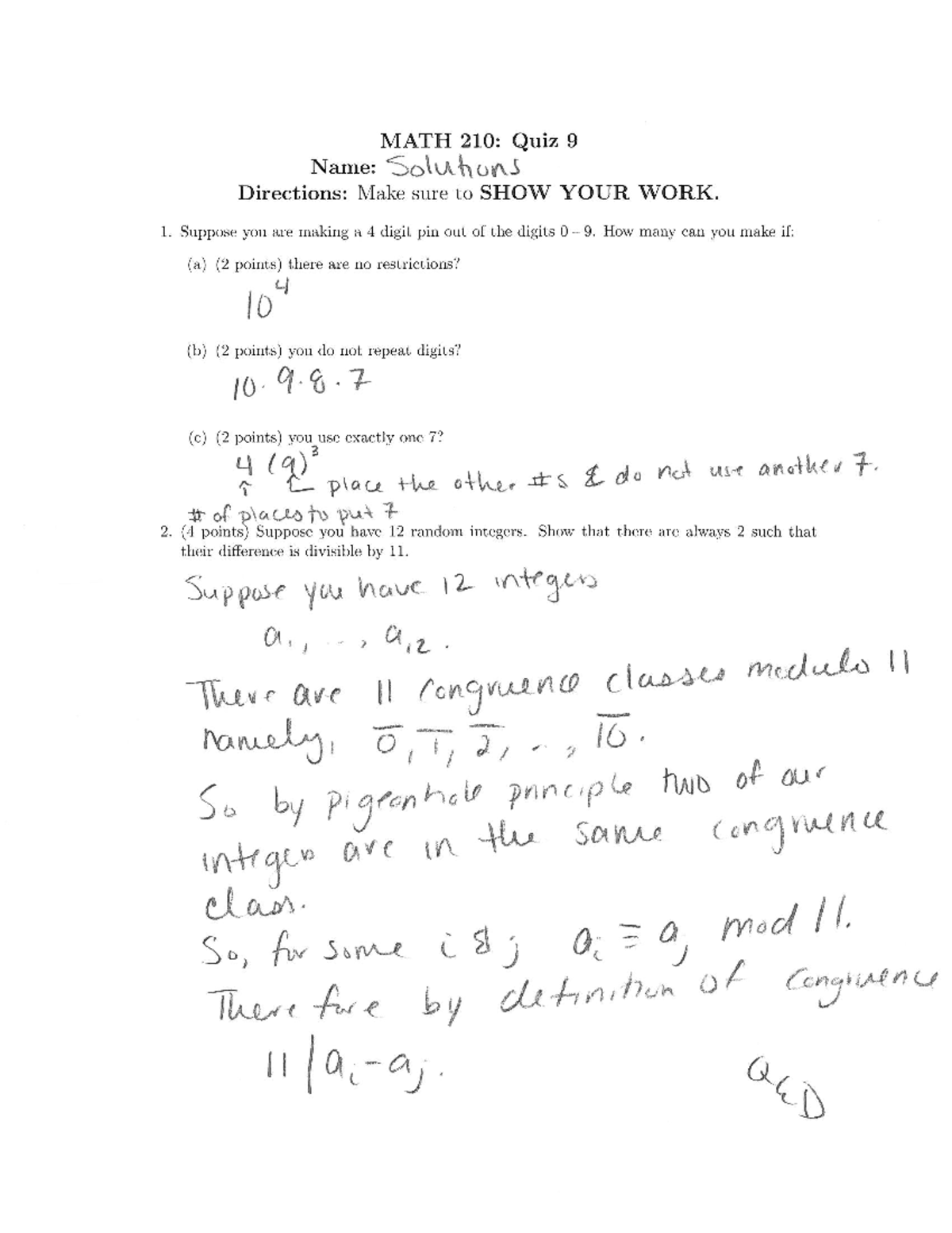 Quiz9solns - Discrete Math Quiz Solutions Emily Bergman - Math210 - Studocu