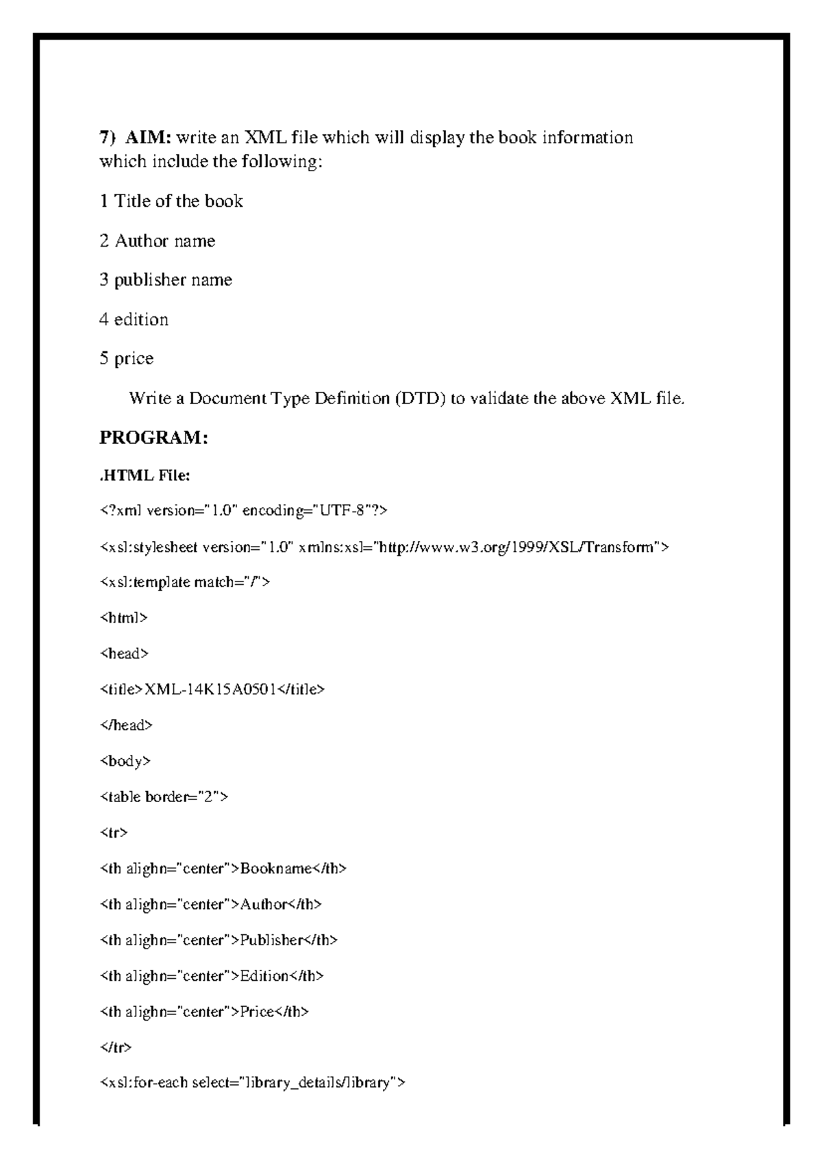 WT LAB Manual format - 7) AIM: write an XML file which will display the book information which ...