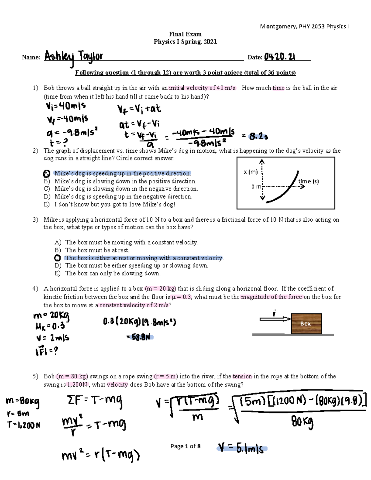 Final Exam - Page 1 of 8 Final Exam Physics I Spring, 2021 Name: - Studocu
