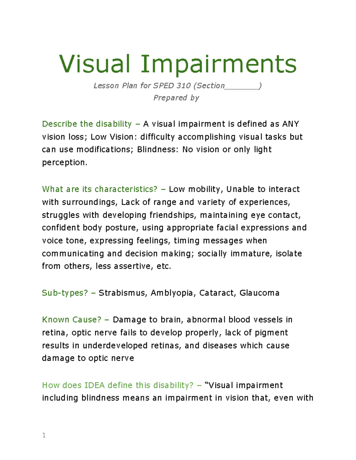 Co-Teaching Lesson Plan Outline - Visual Impairments Lesson Plan for ...