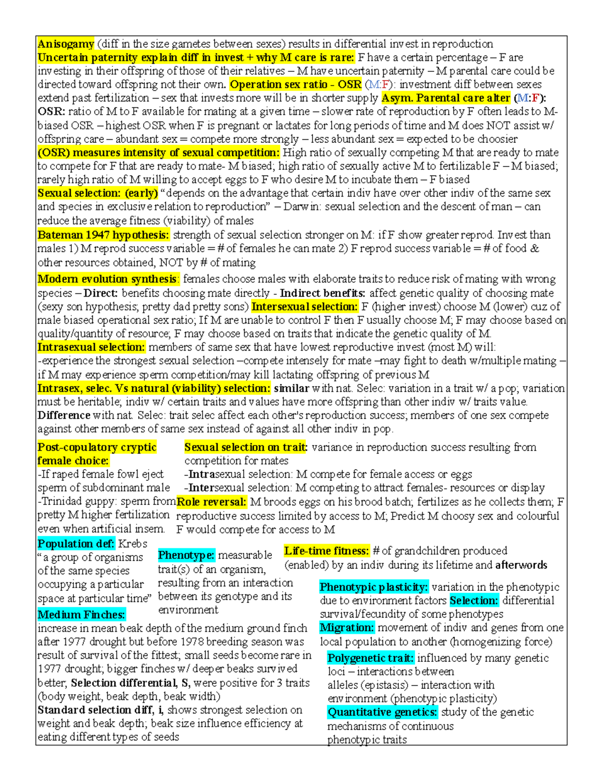 Midterm 2 cheat sheet - good luck! - Modern evolution synthesis: females choose males with ...