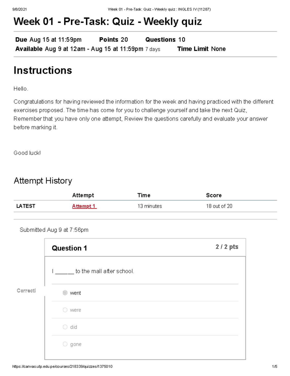 Week 01 - Pre-Task Quiz - Weekly quiz Ingles IV (11287) - Week 01 - Pre ...