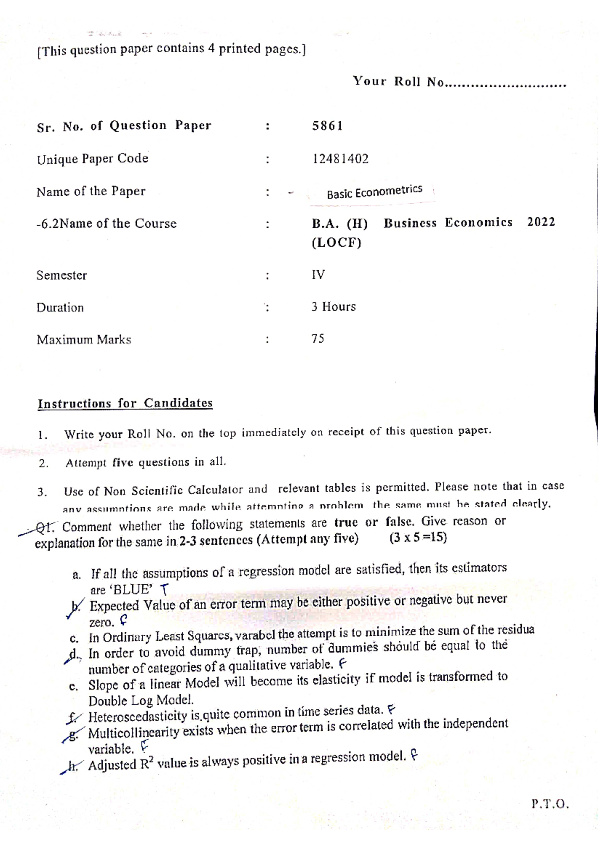Sem IV Ecotrix - CBCS 2022 - Basic Econometrics - Studocu