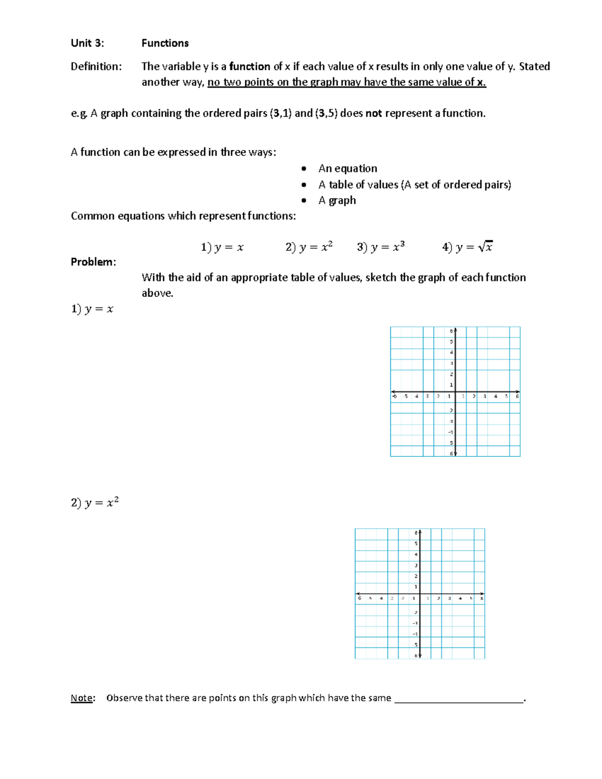 Unit 3 Functions - Problems - Unit 3: Functions Definition: The ...