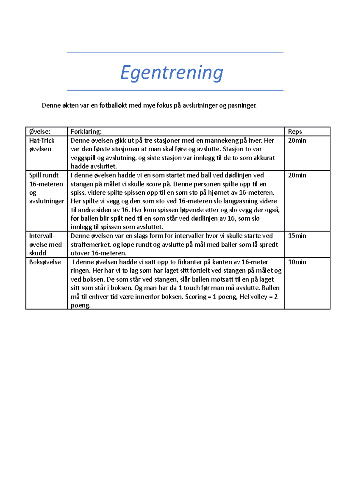Egentrening 23 - Egentrening Denne økten var en fotballøkt med mye ...
