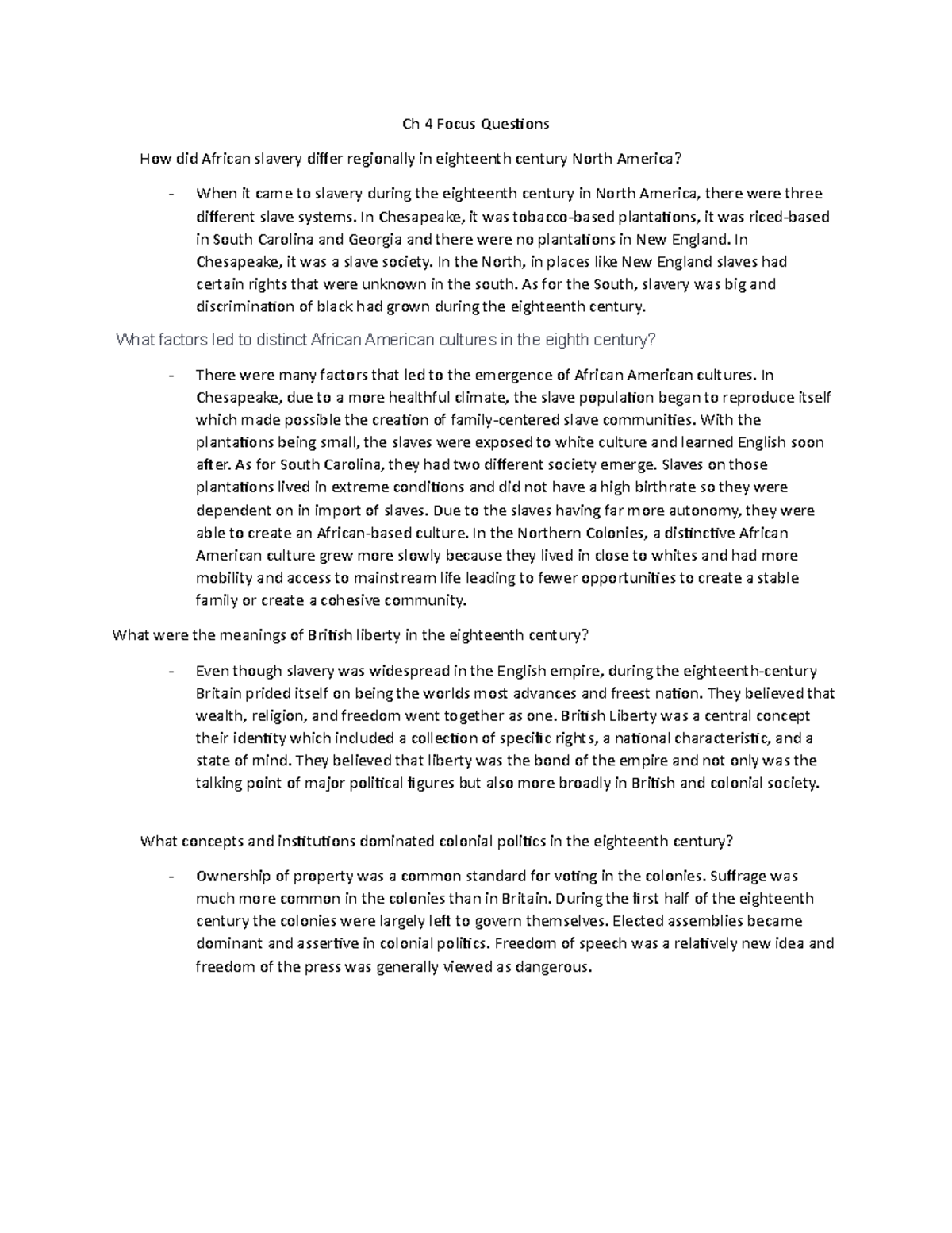 Ch 4 Focus Questions - Ch 4 Focus Questions How did African slavery ...