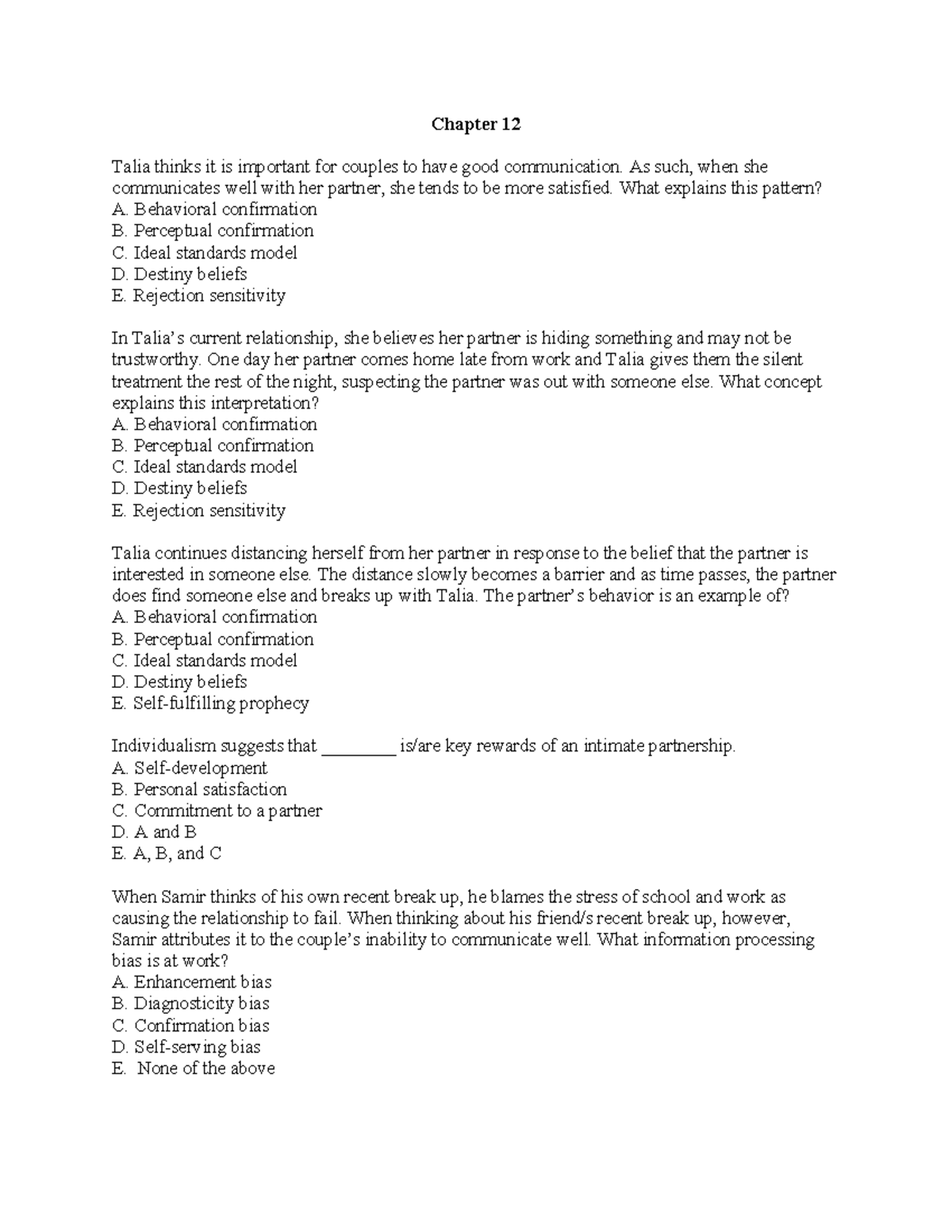 Practice Questions Ch 12-15 Fall 2023 - Chapter 12 Talia thinks it is ...