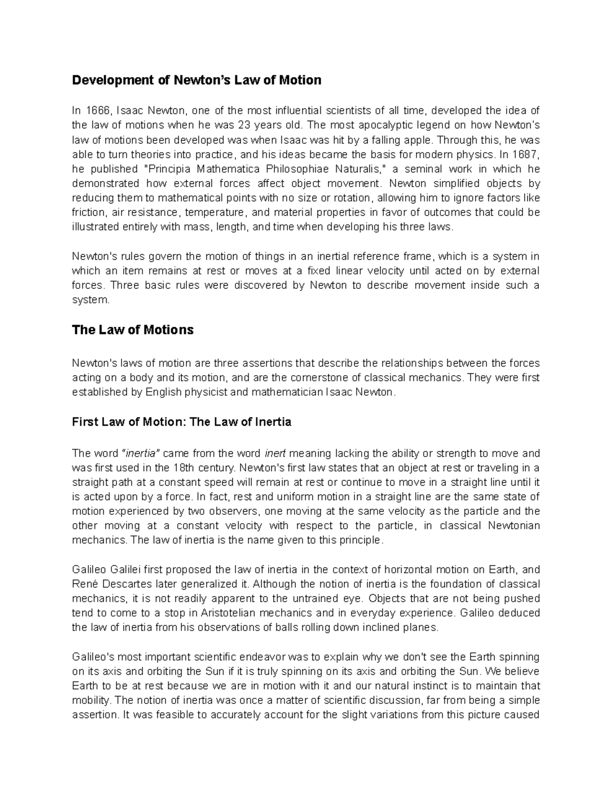 Development of Newton’s Law of Motion - Development of Newton’s Law of ...