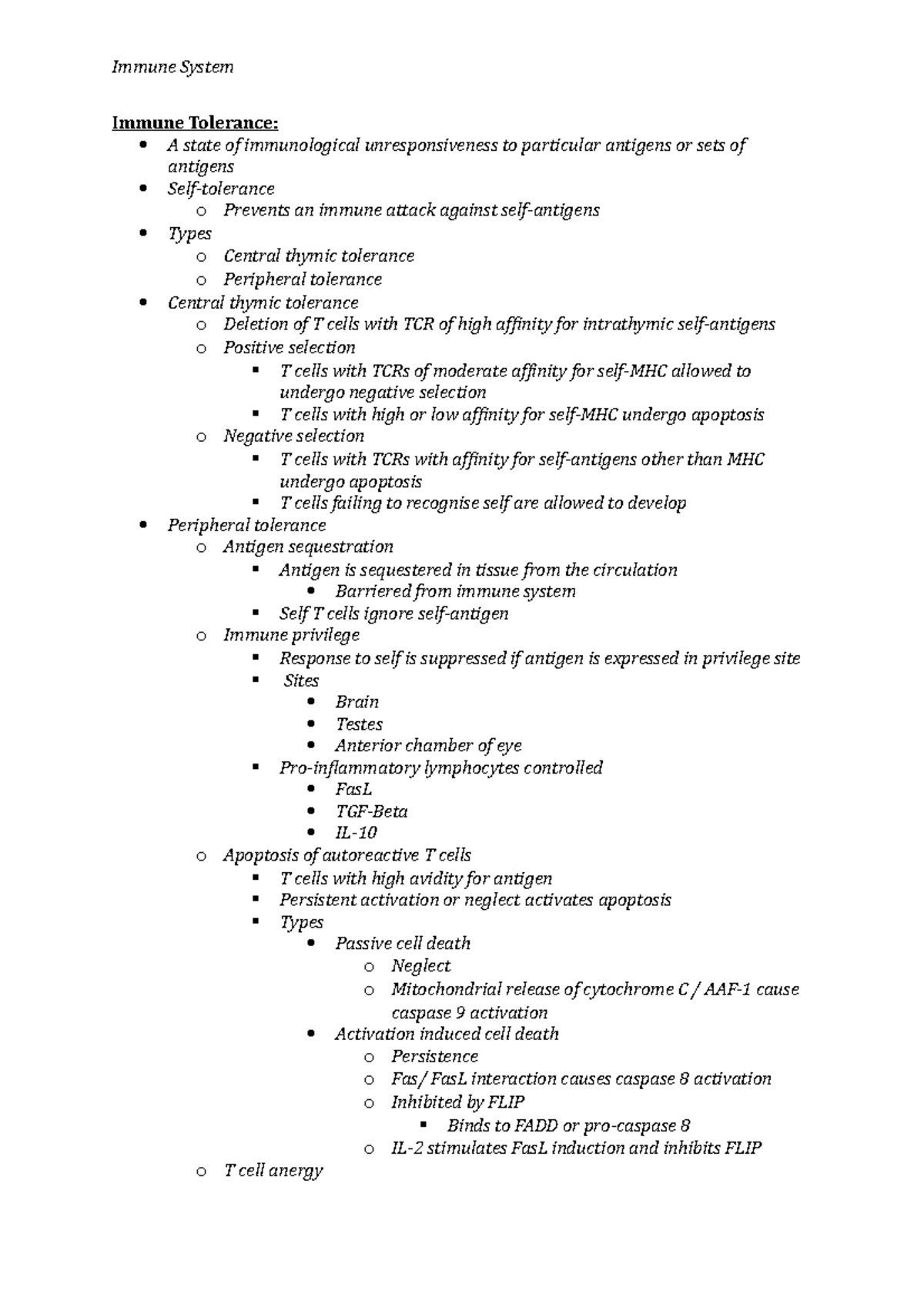 Immune Tolerance Lecture Notes Immune System Immune Tolerance A