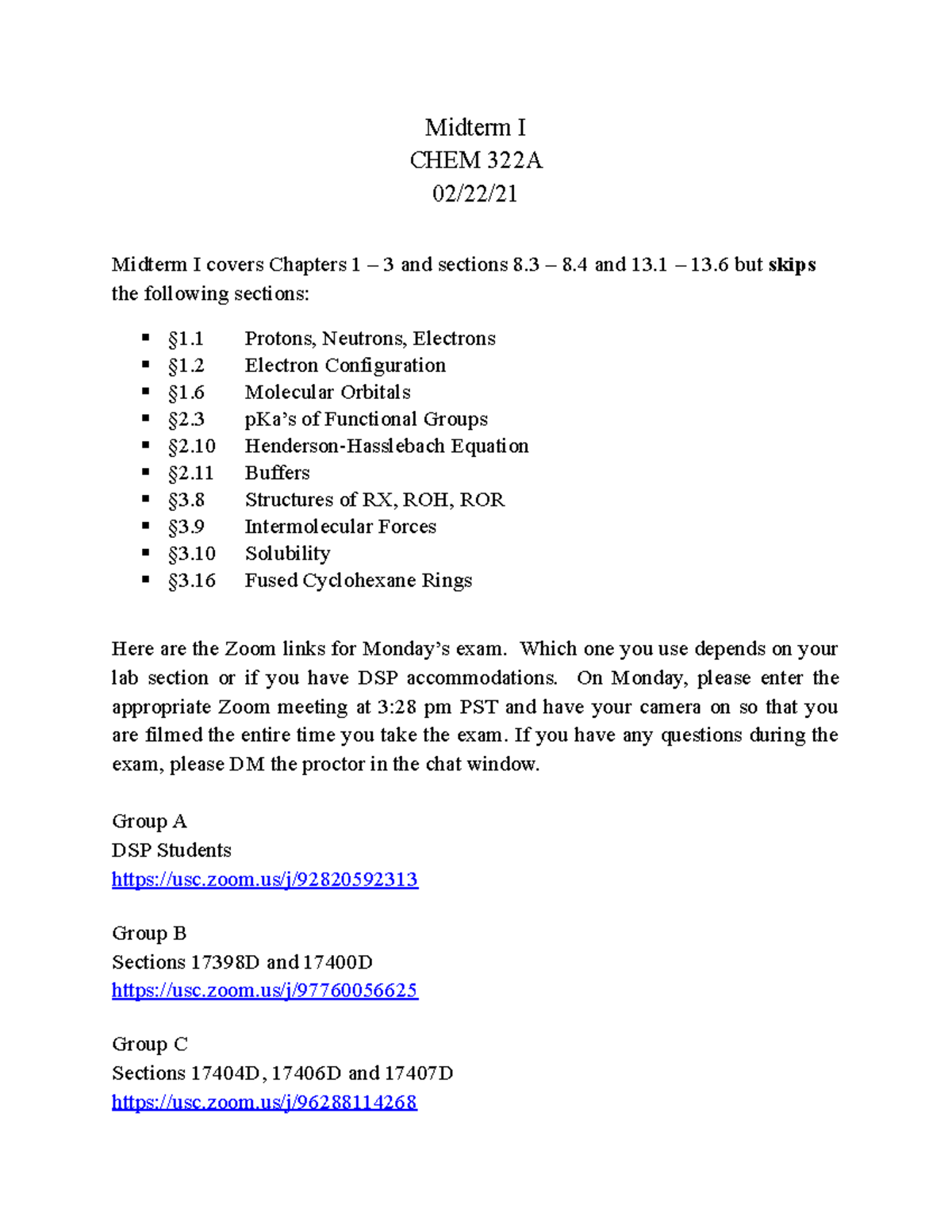 Midterm I Study Guide - Midterm I CHEM 322A 02/22/ Midterm I covers ...