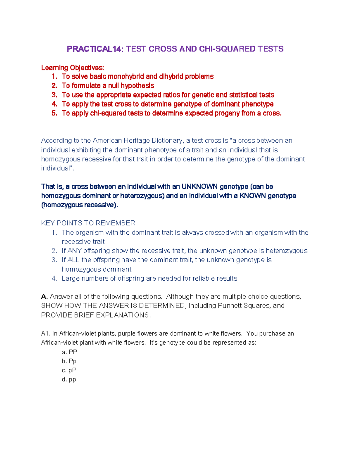BIOL 0011 Practical 14 Additional - PRACTICAL14: TEST CROSS AND CHI ...