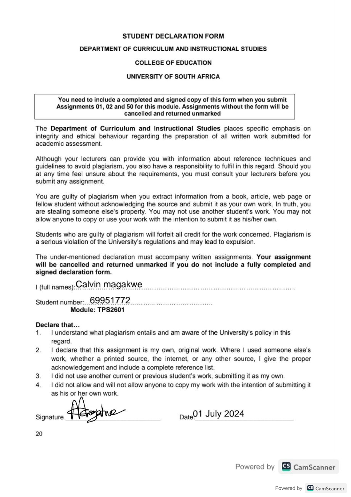 Assignment 02 tps - STUDENT DECLARATION FORM DEPARTMENT OF CURRICULUM ...