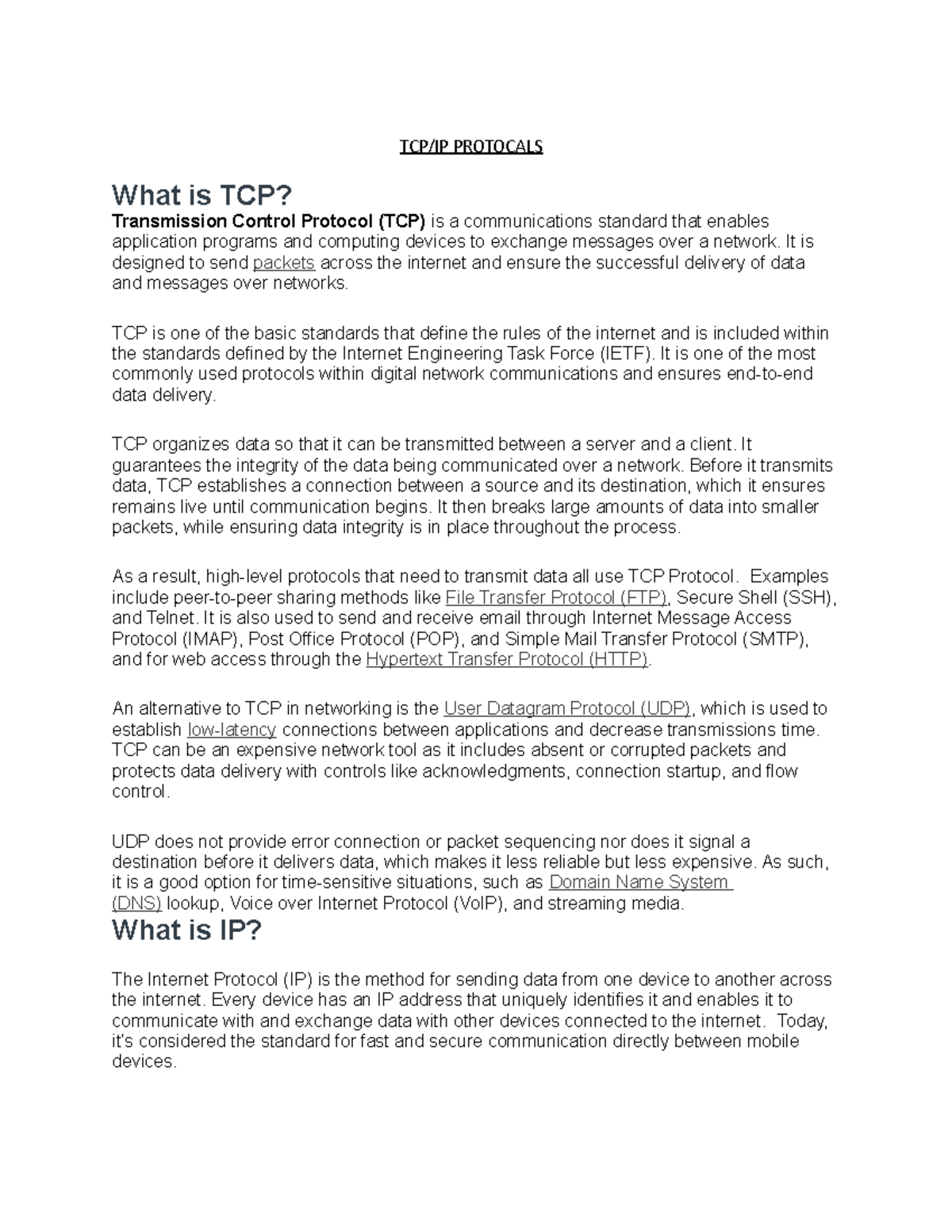 Network Design - TCP/IP PROTOCALS What is TCP? Transmission Control ...