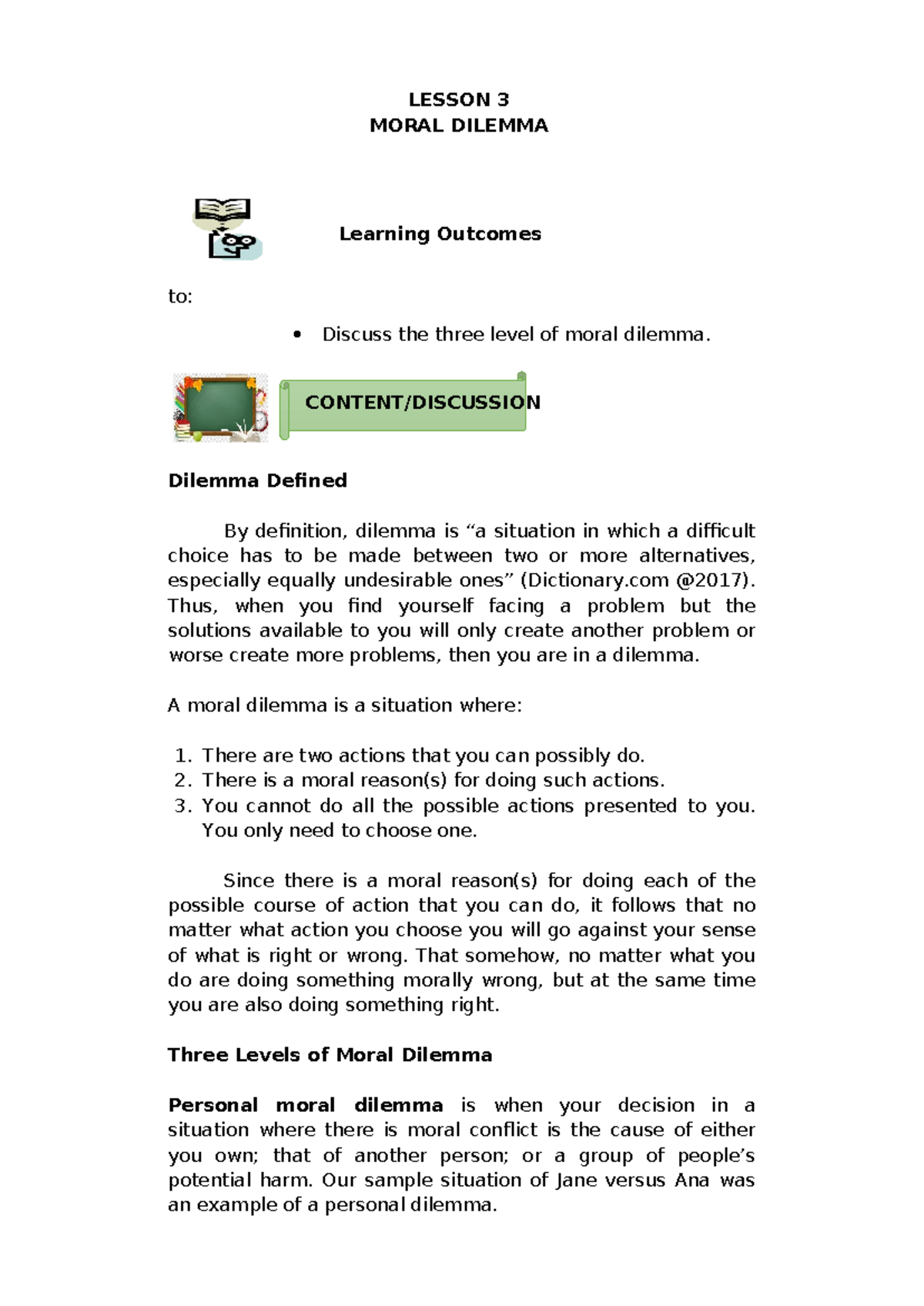Ethics Introduction Lesson 3 Moral Dilemma - LESSON 3 MORAL DILEMMA ...