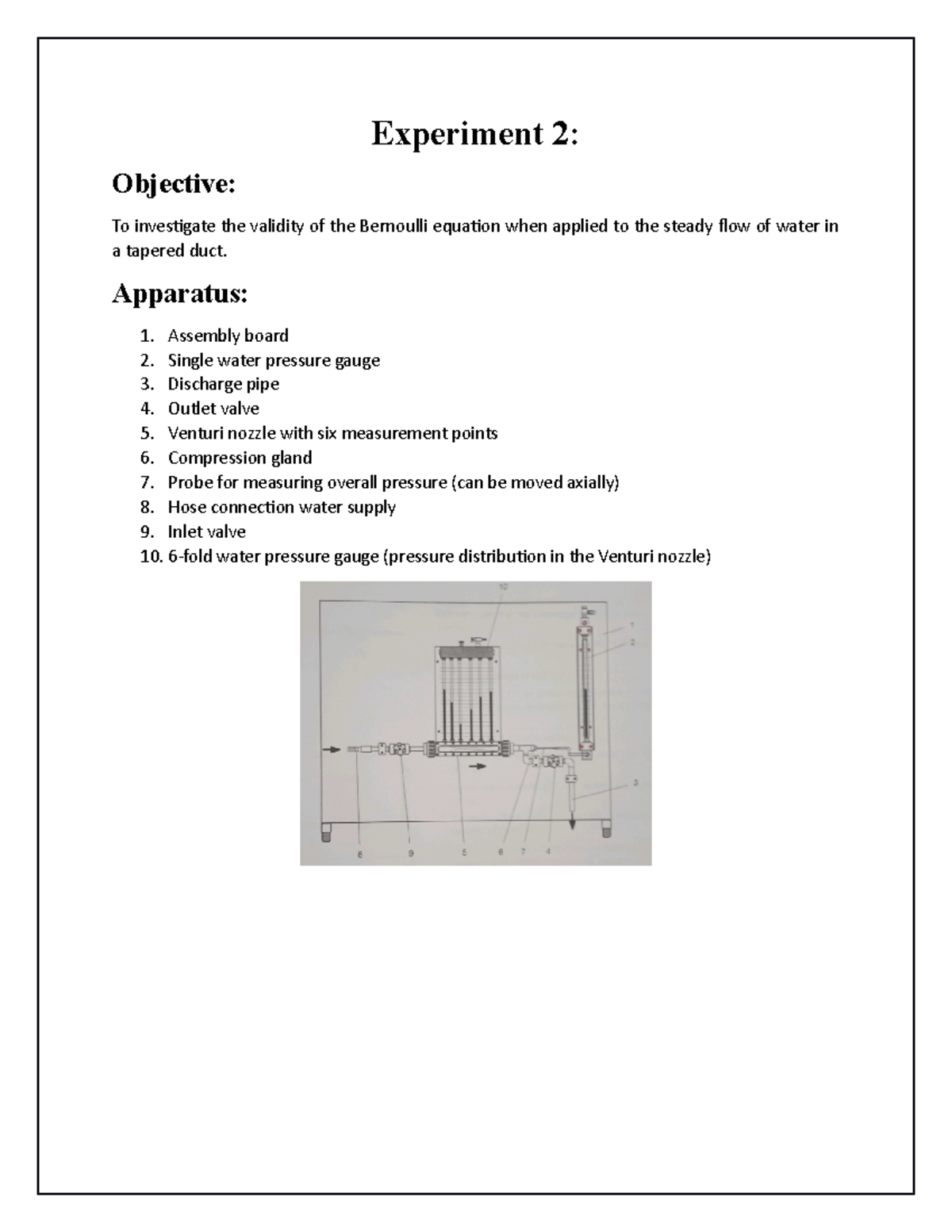 Fluid mechanics experiment 2 validity of Bernoulli equation ...