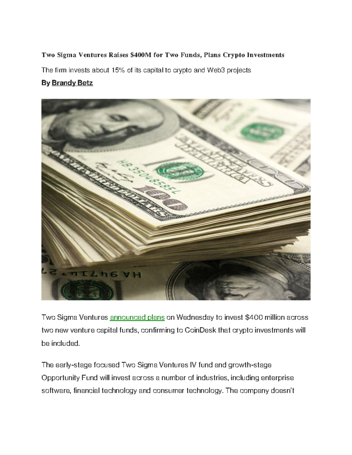 Two Sigma Ventures Raises - The early-stage focused Two Sigma Ventures IV fund and growth-stage ...