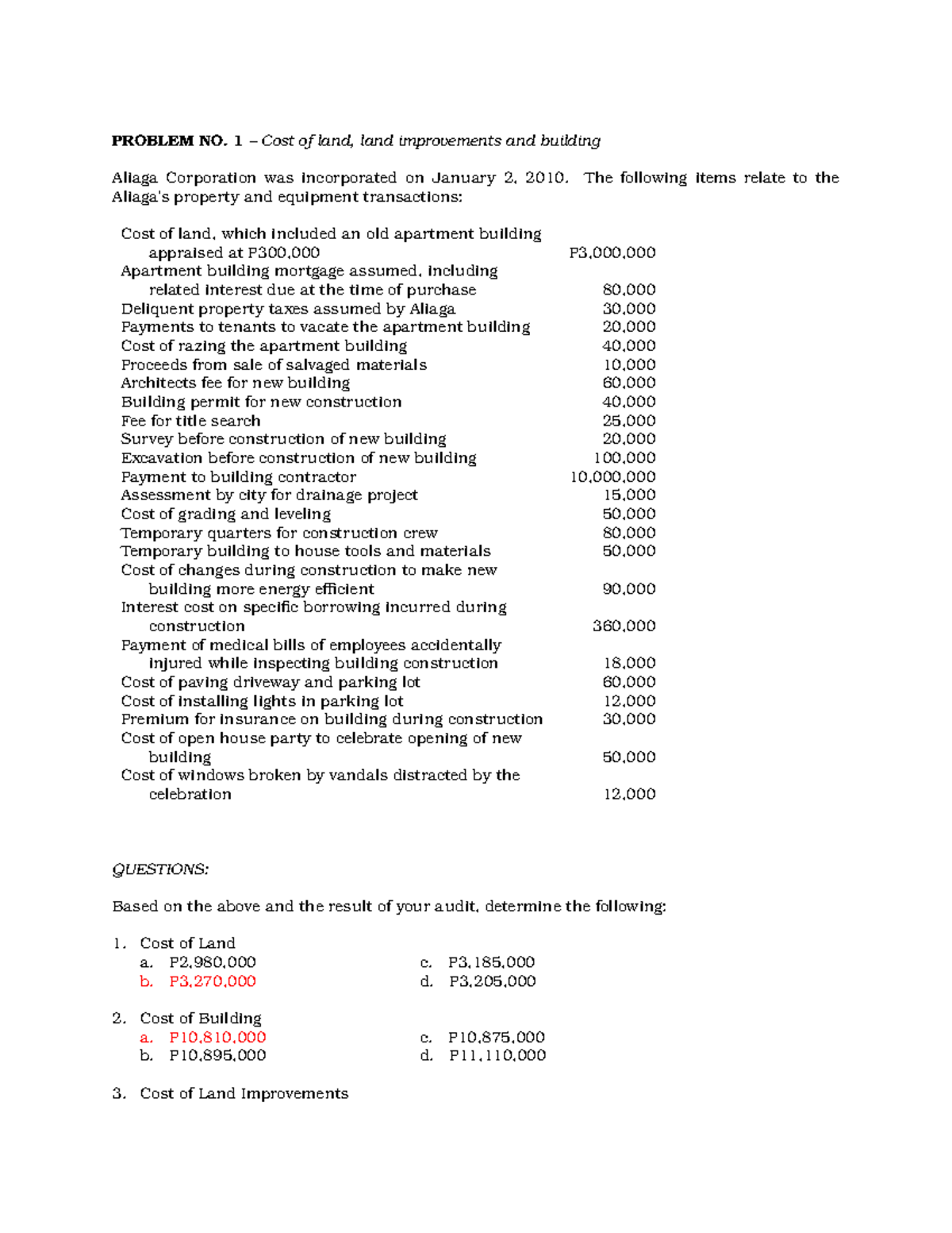 Ppe - Reviewer - PROBLEM NO. 1 – Cost of land, land improvements and ...