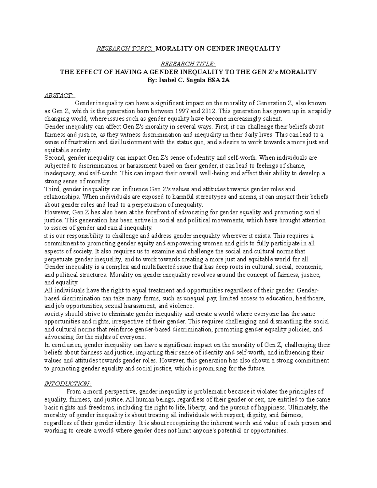 Research Paper - hjchsvcmvjsskjsb - RESEARCH TOPIC: MORALITY ON GENDER ...