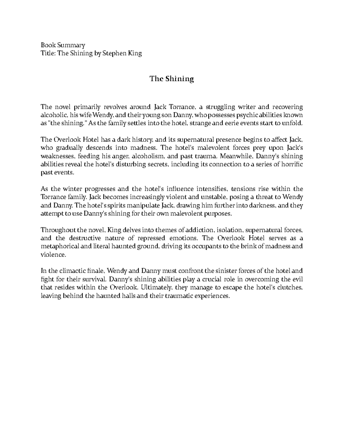 Book Summary - The Shining - Book Summary Title: The Shining by Stephen ...